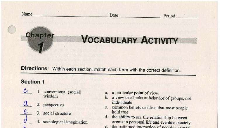 Intro to Soc CH 1 Vocabulary Activity - Studocu