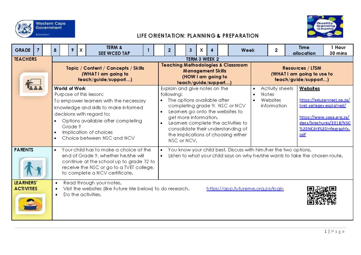 LIFE ORIENTATION: GRADE 7-9 TERM 3 LESSON PLAN ON POST-GRADE 9 OPTIONS ...