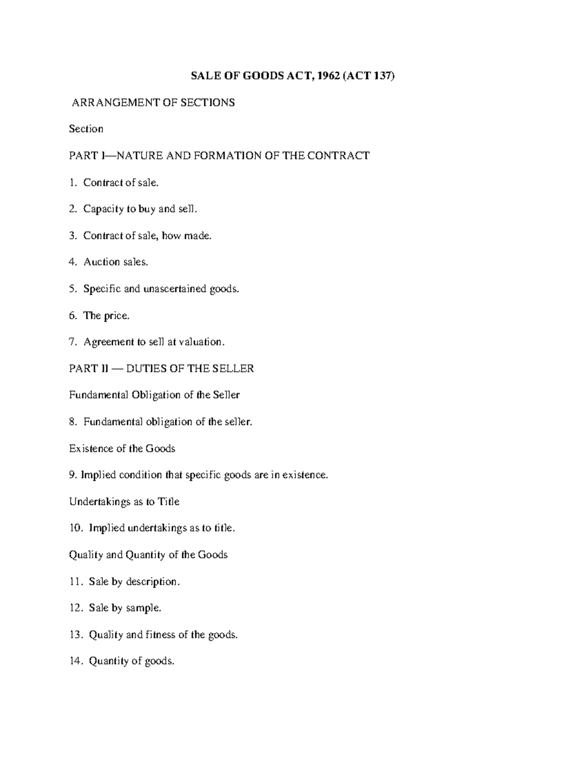 Analysis of the Sale of Goods Act, 1962 (ACT 137) Sections - Studocu