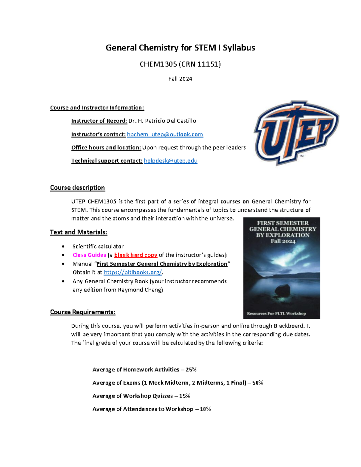 CHEM1305 General Chemistry for STEM I Syllabus - Fall 2024 - Studocu