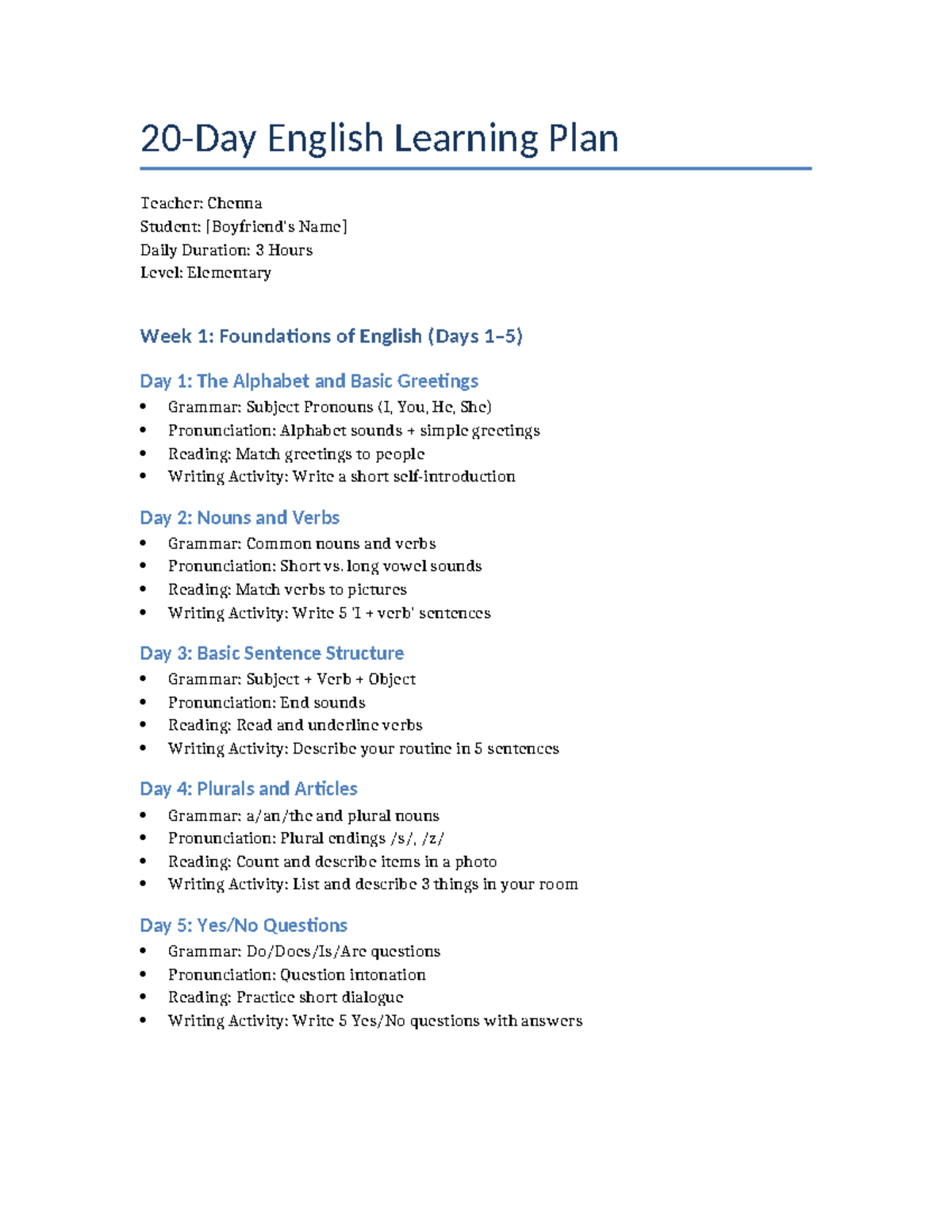 20-Day English Lesson Plan (Weeks 1-2) for Elementary Learners - Studocu