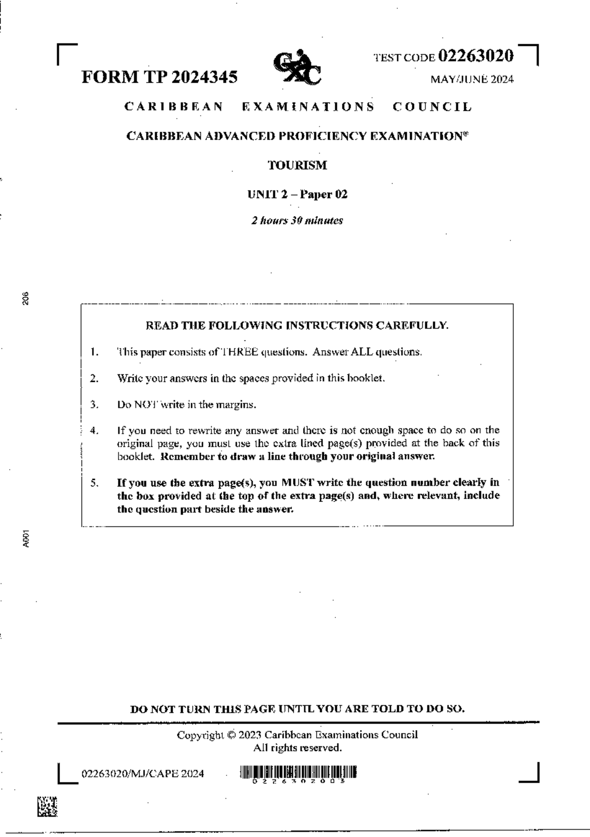 CAPE Tourism 2024 Unit 2 Paper 02: Exam Instructions & Questions - Studocu