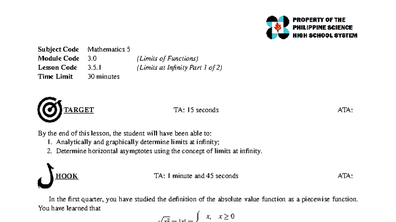 SLG Math 5 Lesson 3.5.1: Limits at Infinity Part 1 - Studocu