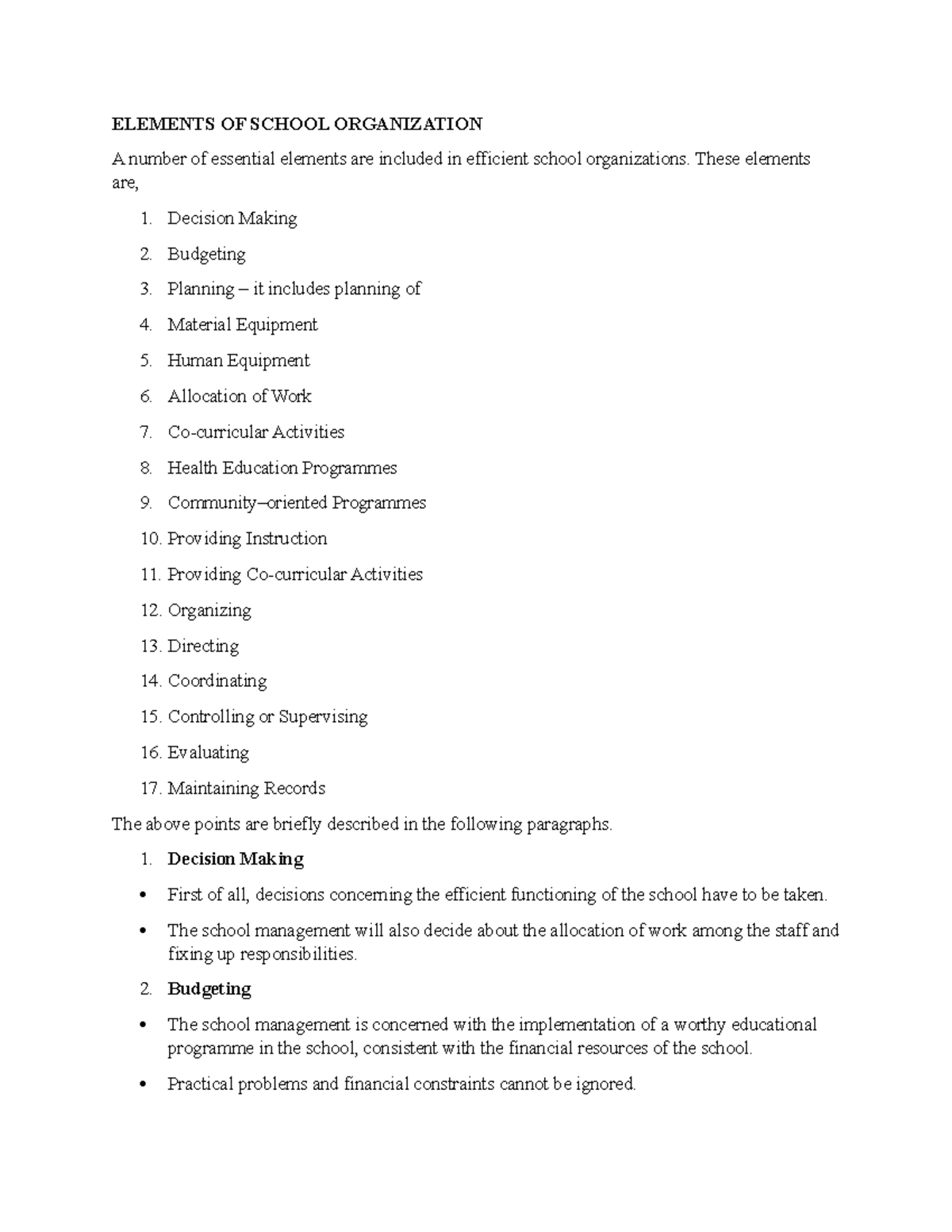 Elements OF School Organization - ELEMENTS OF SCHOOL ORGANIZATION A ...