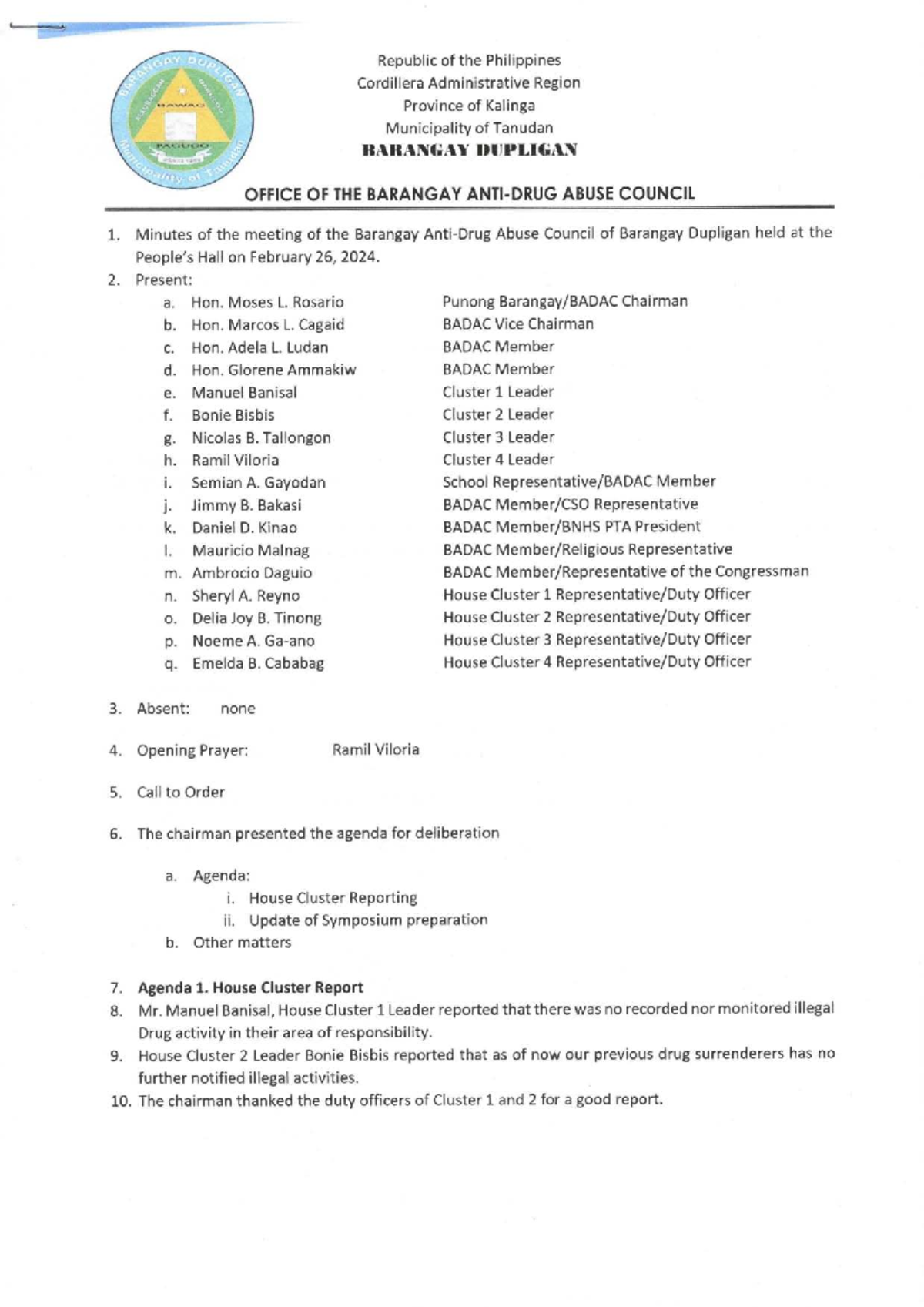 BADAC Meeting Minutes - Barangay Dupligan - Feb 2024 - Studocu