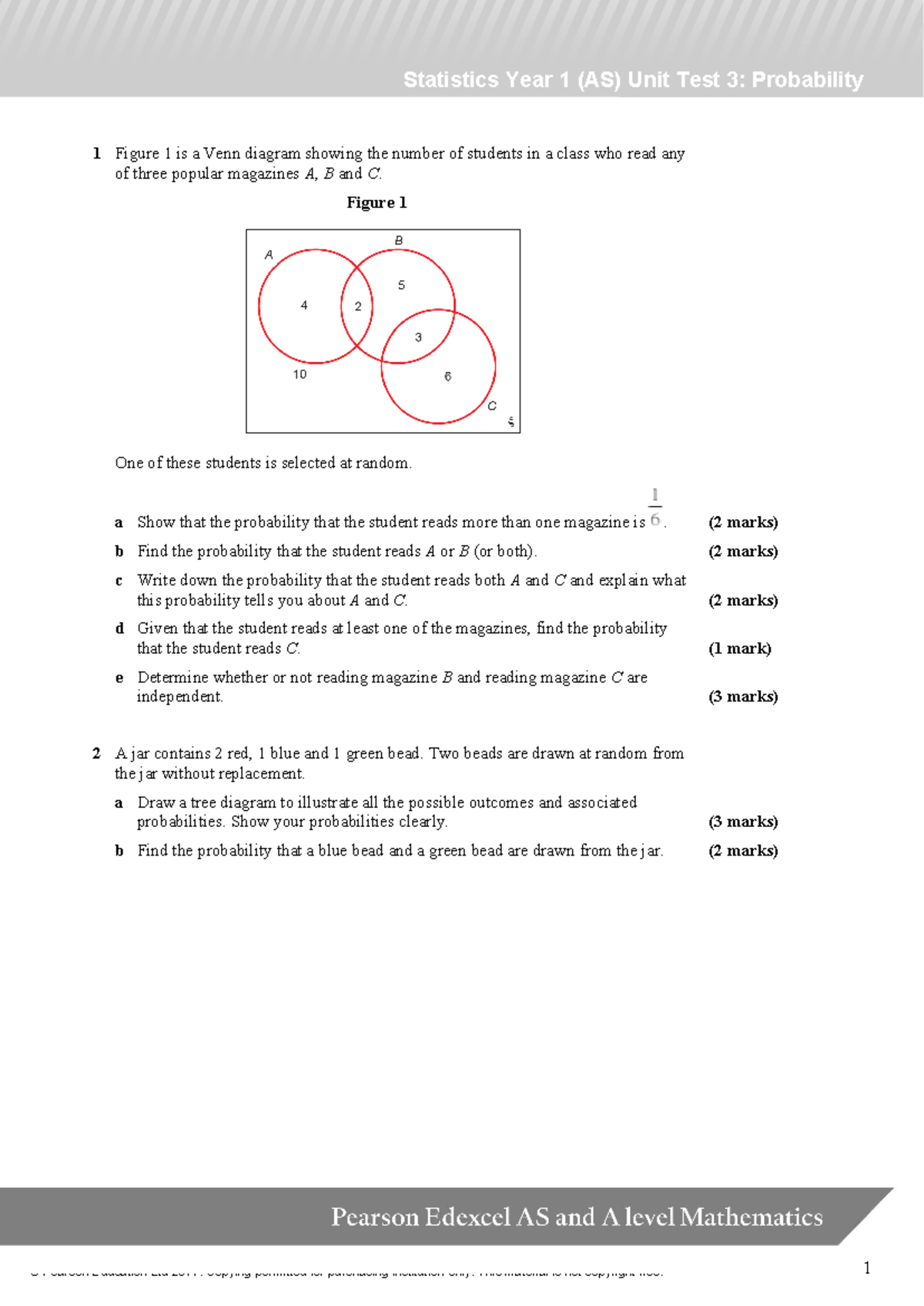 A-Level Statistics Unit 3 Test (19385): Probability Questions and ...