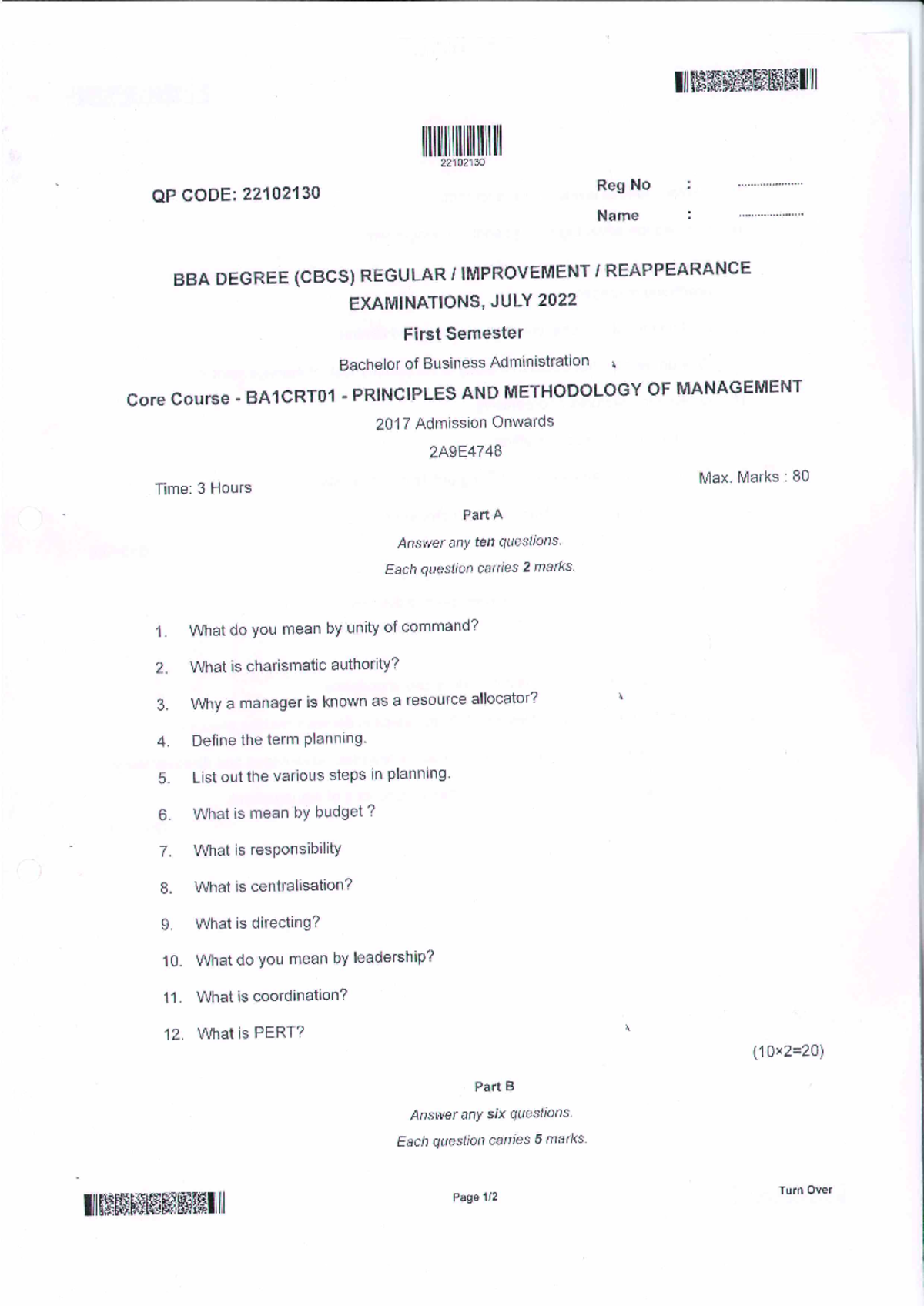 Principles - Questions paper - 22102130 Reg No : QP CODE: 22102130 Name : BBA DEGREE (CBCS ...