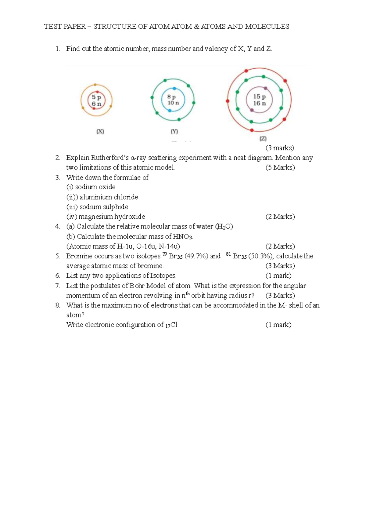 TEST - PRACTICE TEST ON STRUCTURE OF ATOM AND MOLECULES - Studocu