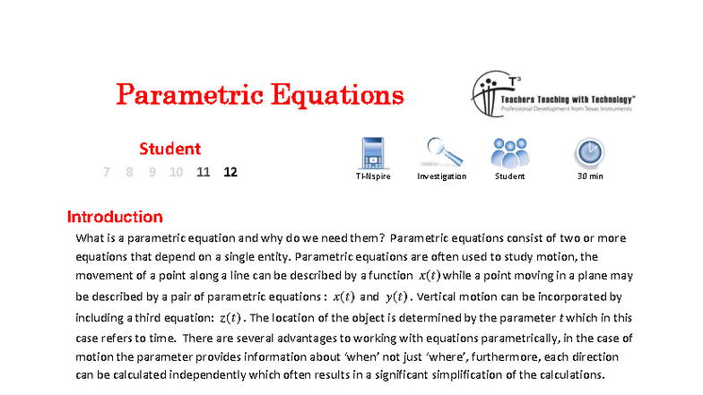 Parametric Equations Investigation - Student 7-12 Guide - Studocu
