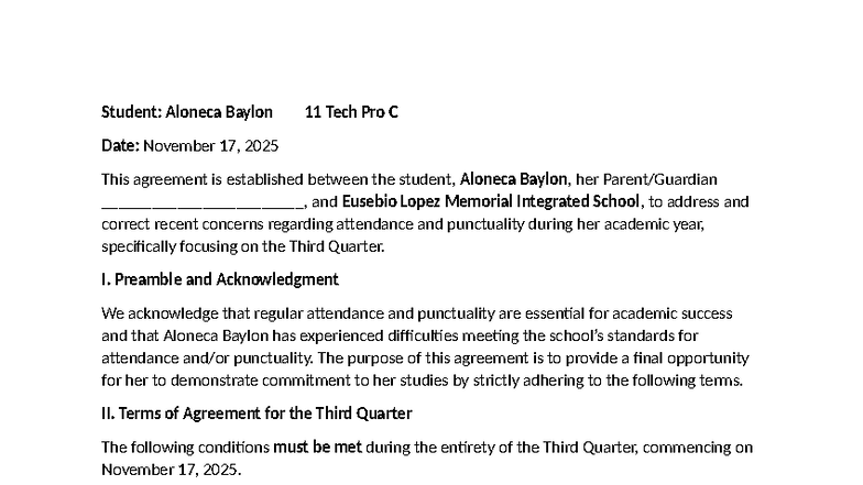 Agreement on Attendance & Punctuality for 11 Tech Pro C - Studocu