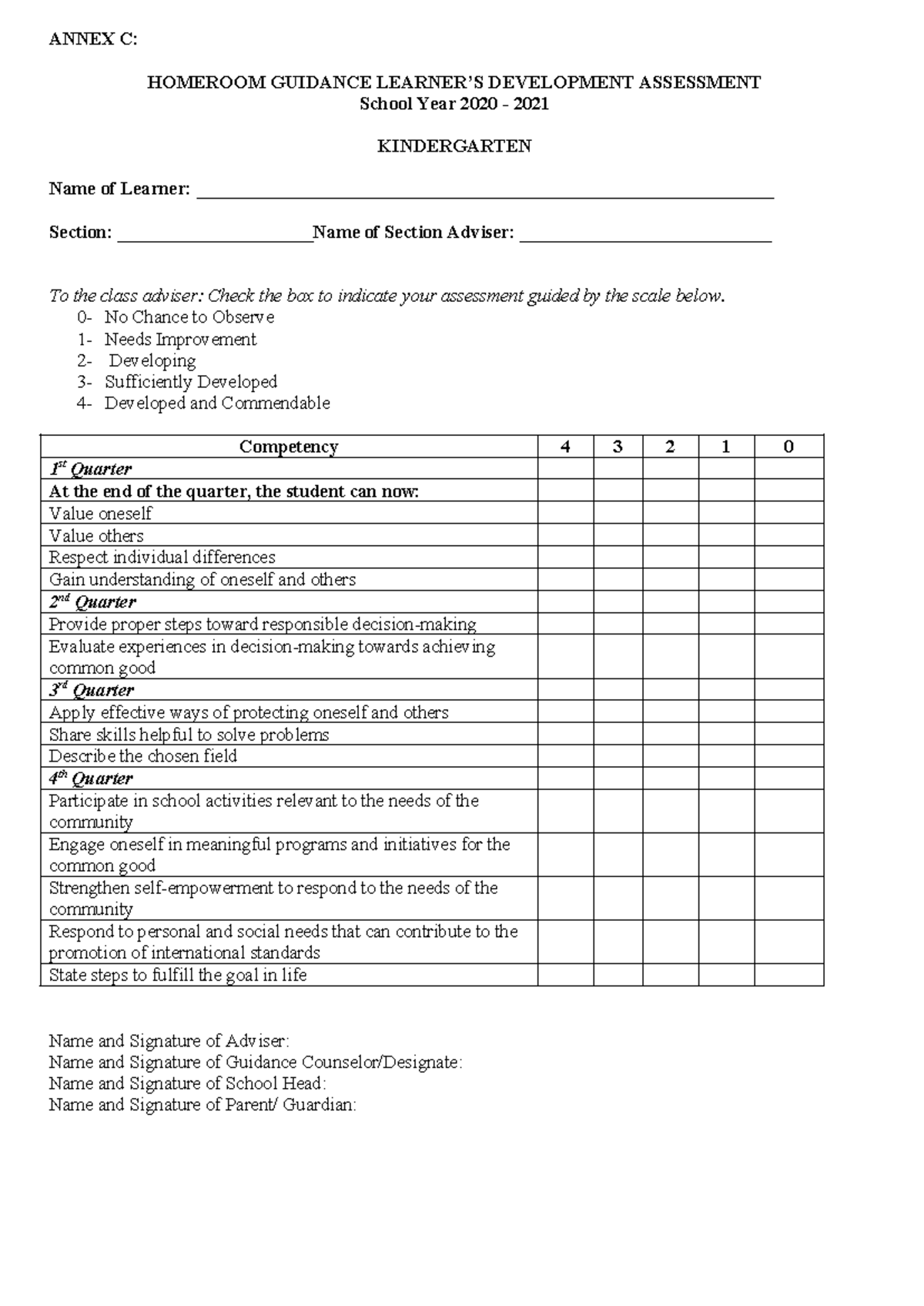 HG Learner's Development Assessment - ANNEX C: HOMEROOM GUIDANCE ...