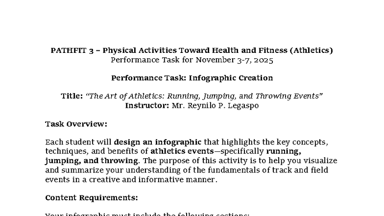 TASK FOR Pathfit 3 - Lecturer - PATHFIT 3 – Physical Activities Toward ...