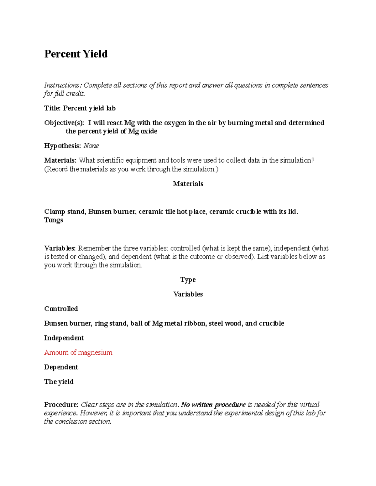 Chemistry 1 - assignemnt - Percent Yield Instructions: Complete all ...