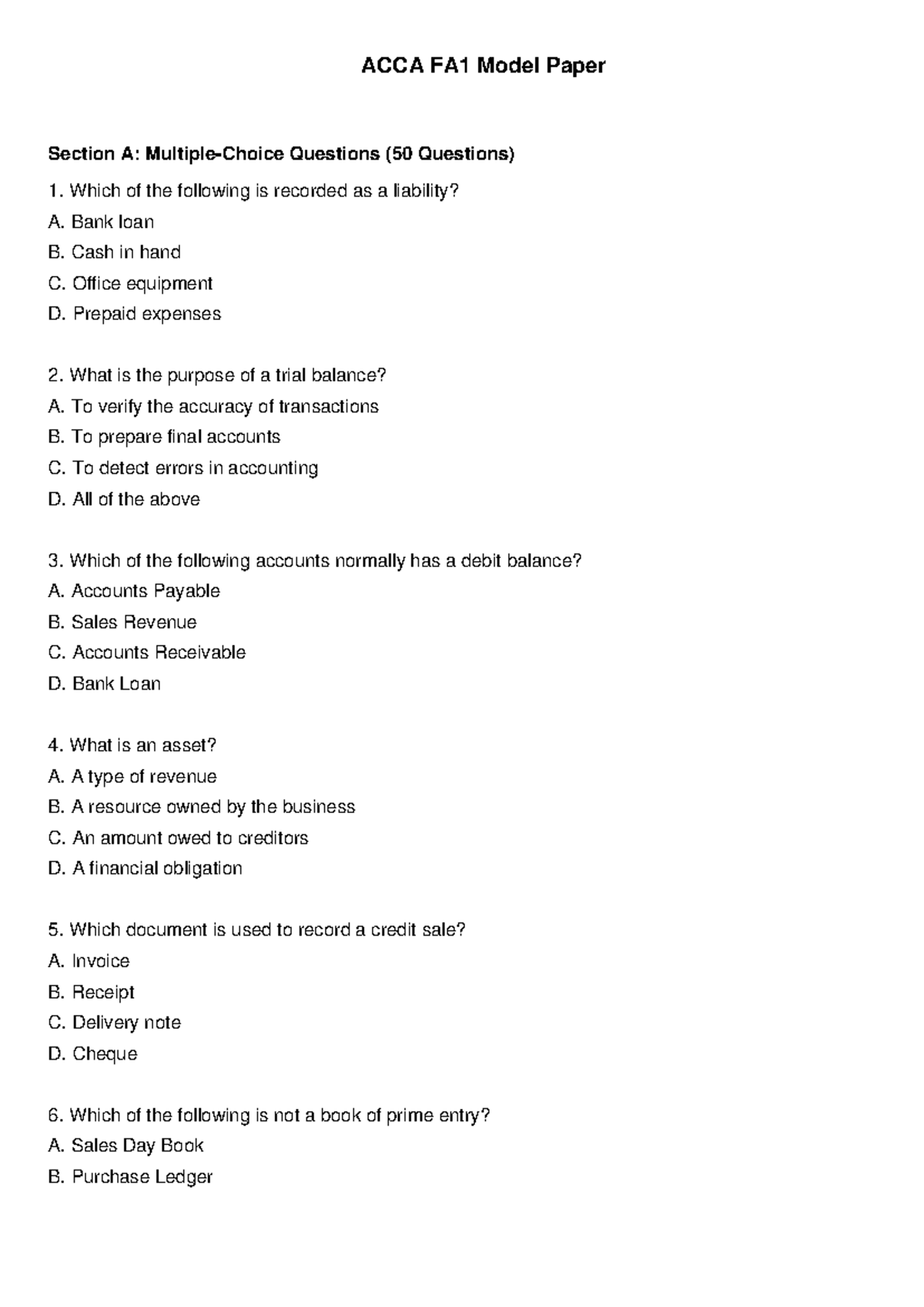 ACCA FA1 Model Paper: 50 Multiple-Choice Questions Overview - Studocu