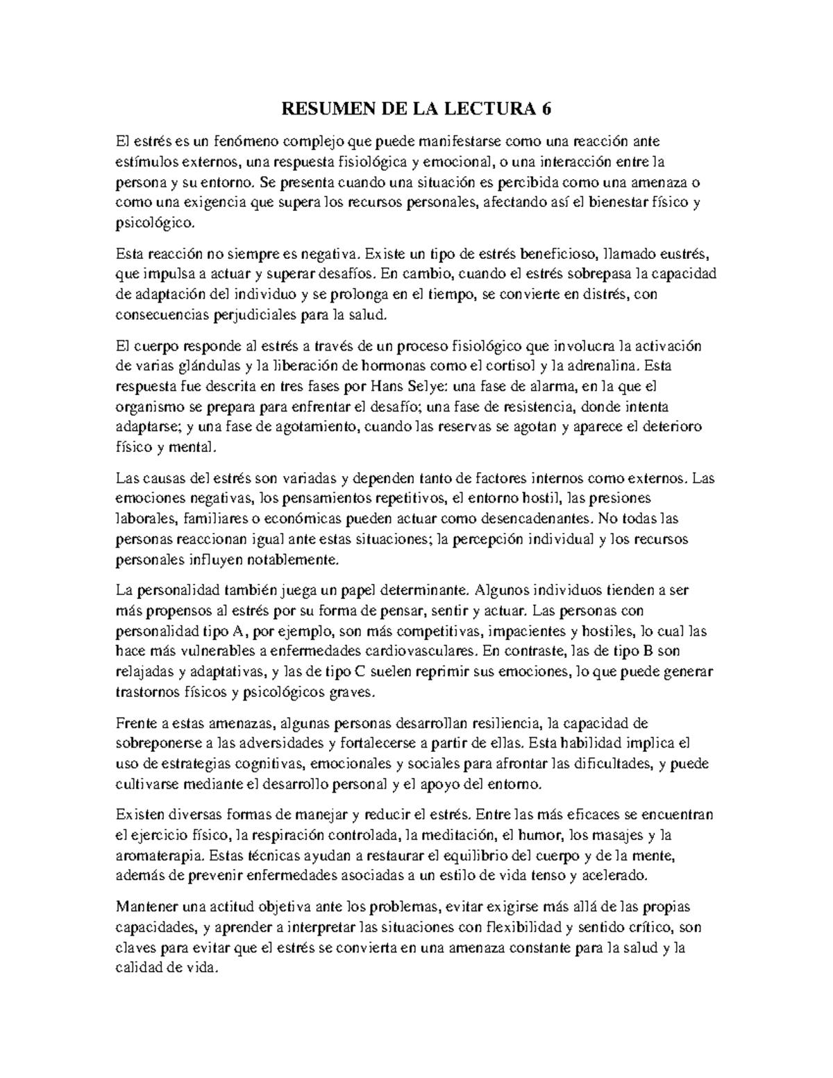 Resumen de la Lectura 6: Estrés y sus Efectos en la Salud - Studocu