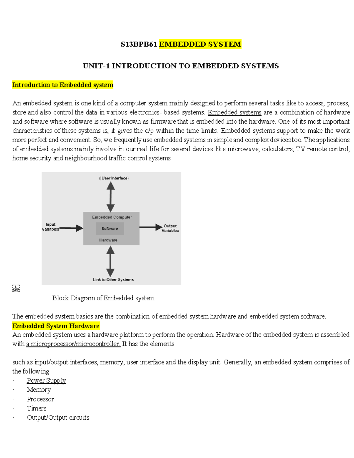 S13BPB61 UNIT-1: Introduction to Embedded Systems Overview - Studocu