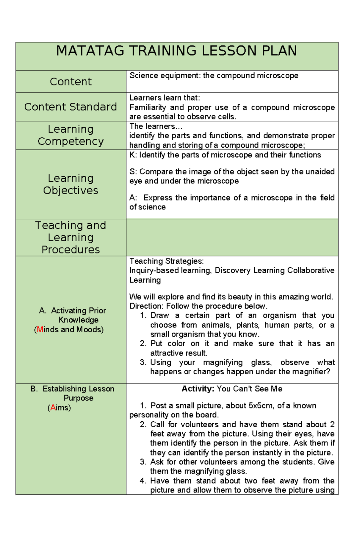 Science 7 Matatag Training Lesson Plan: Using the Compound Microscope ...