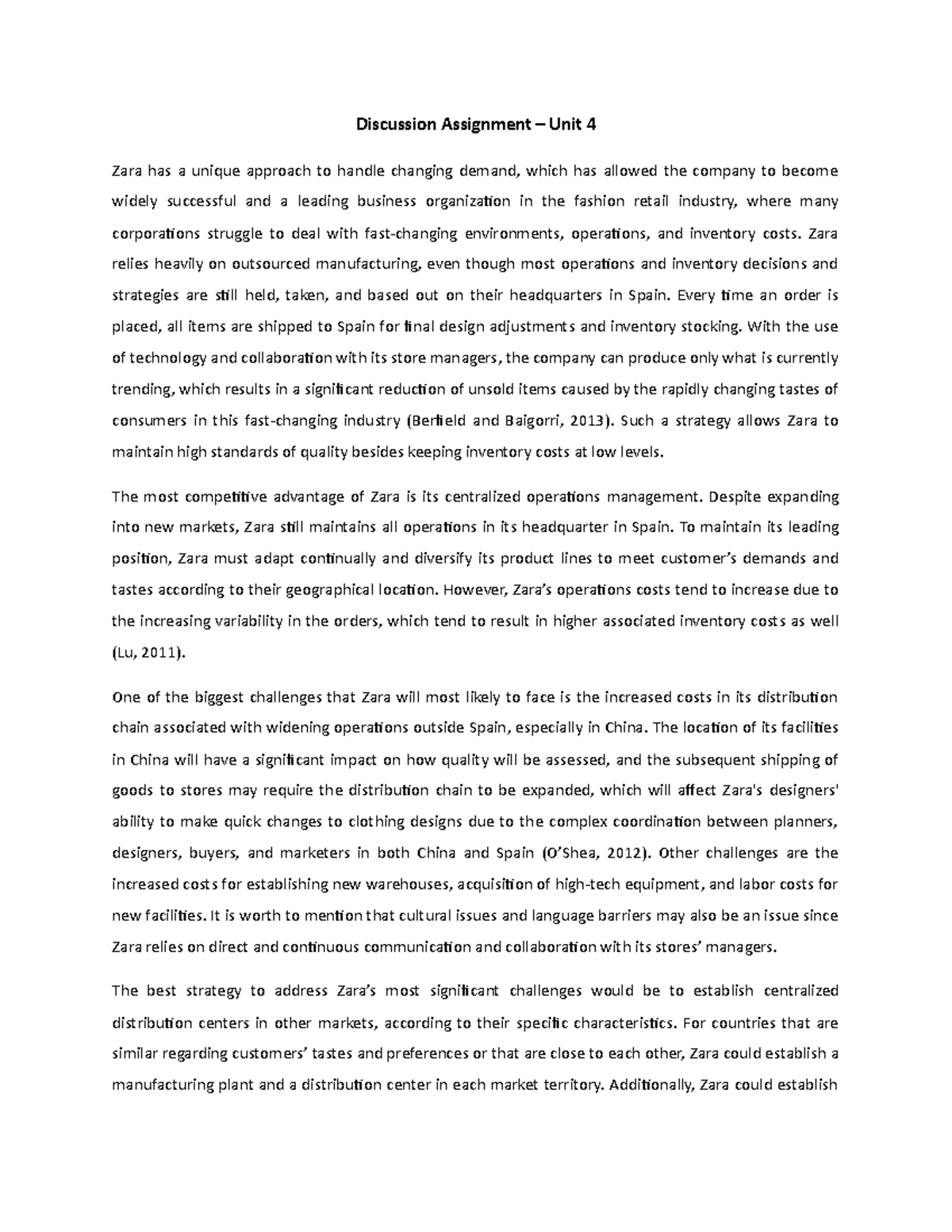 Discussion Assignment - Unit 4 - Discussion Assignment – Unit 4 Zara ...
