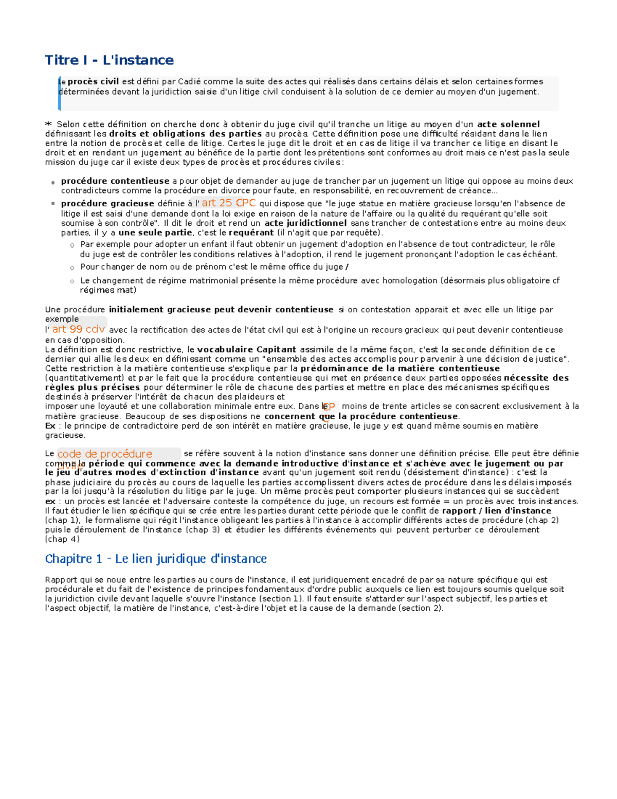 Titre I - L'Instance en Procédure Civile : Définition et Rôle des ...