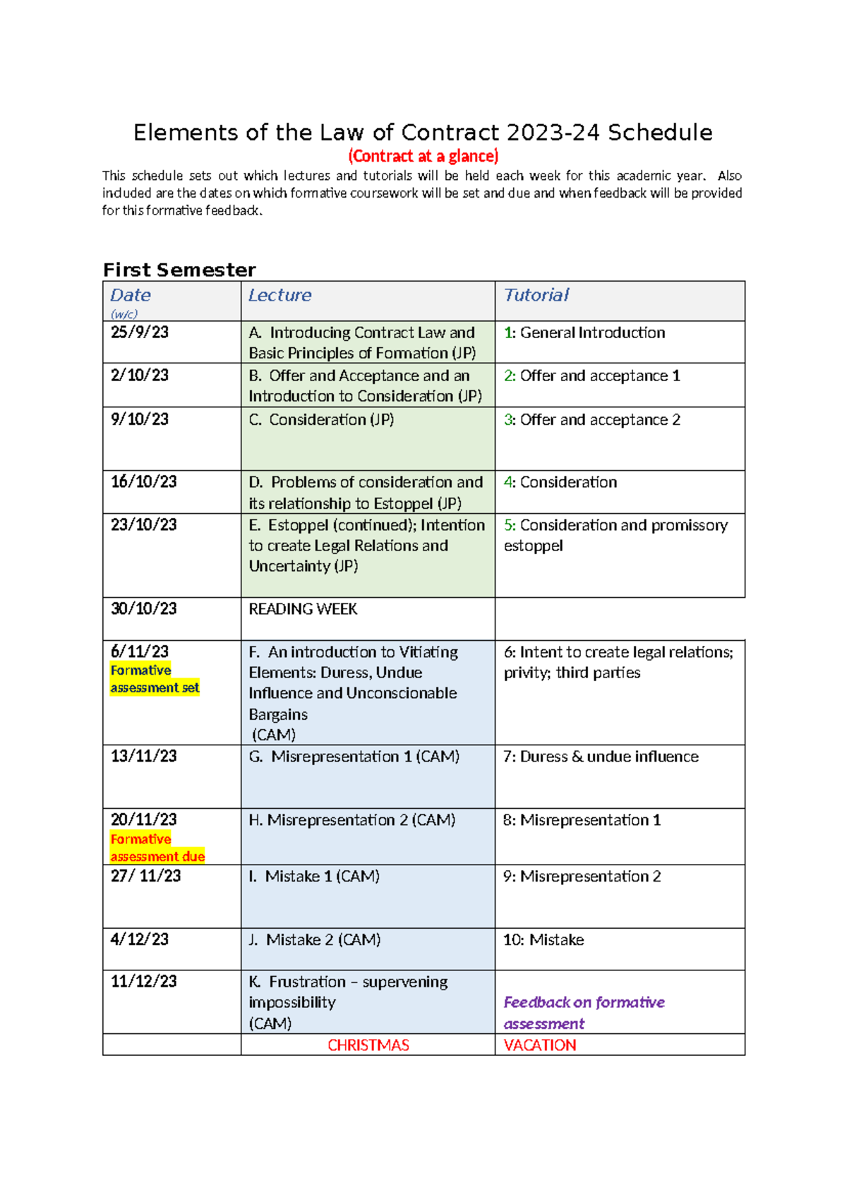 Contract Law Schedule (Elements of Law of Contract) - Studocu