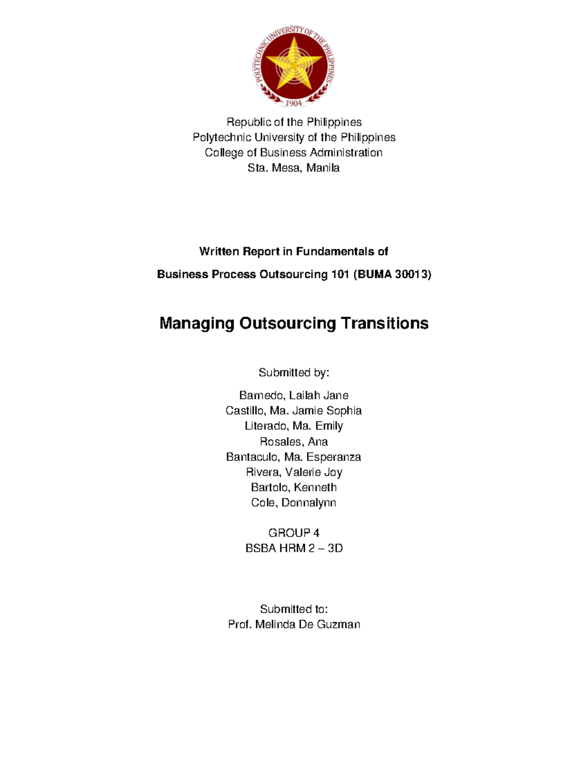 Managing Outsourcing Transitions: Insights from BUMA 30013 Report - Studocu