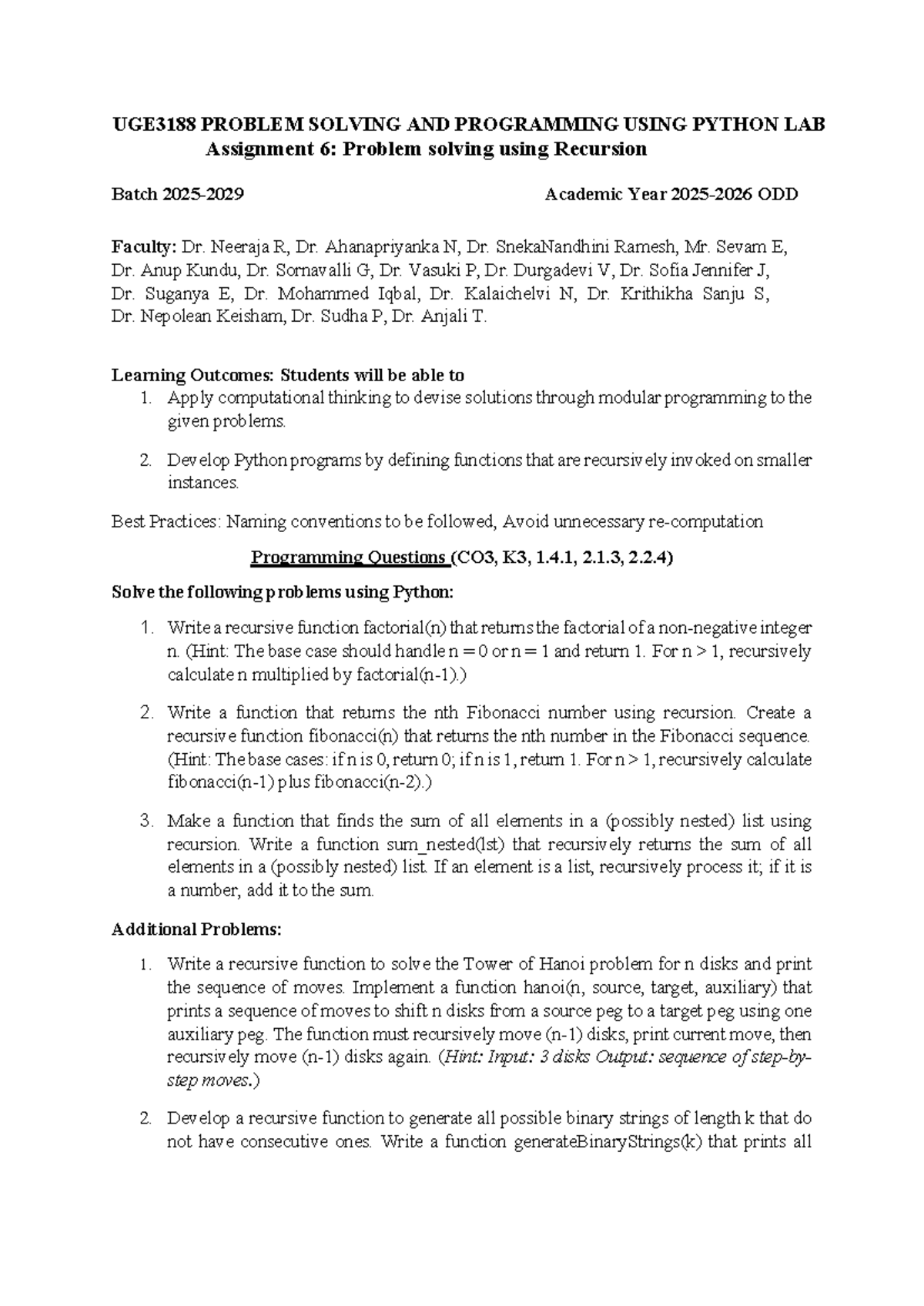 UGE3188 Lab Assignment 6: Recursion in Python Programming - Studocu