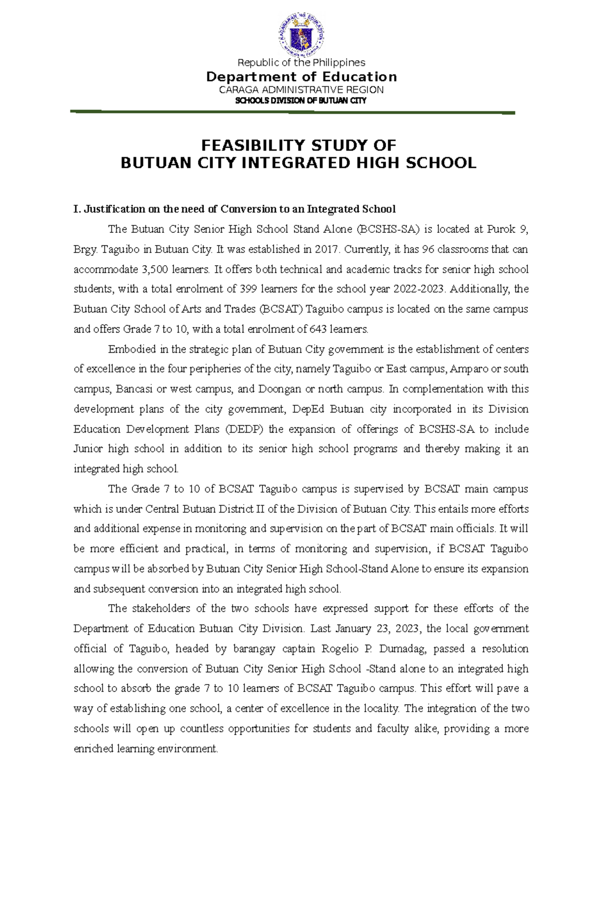 Butuan City Integrated High School Feasibility Study - Final Report - Studocu