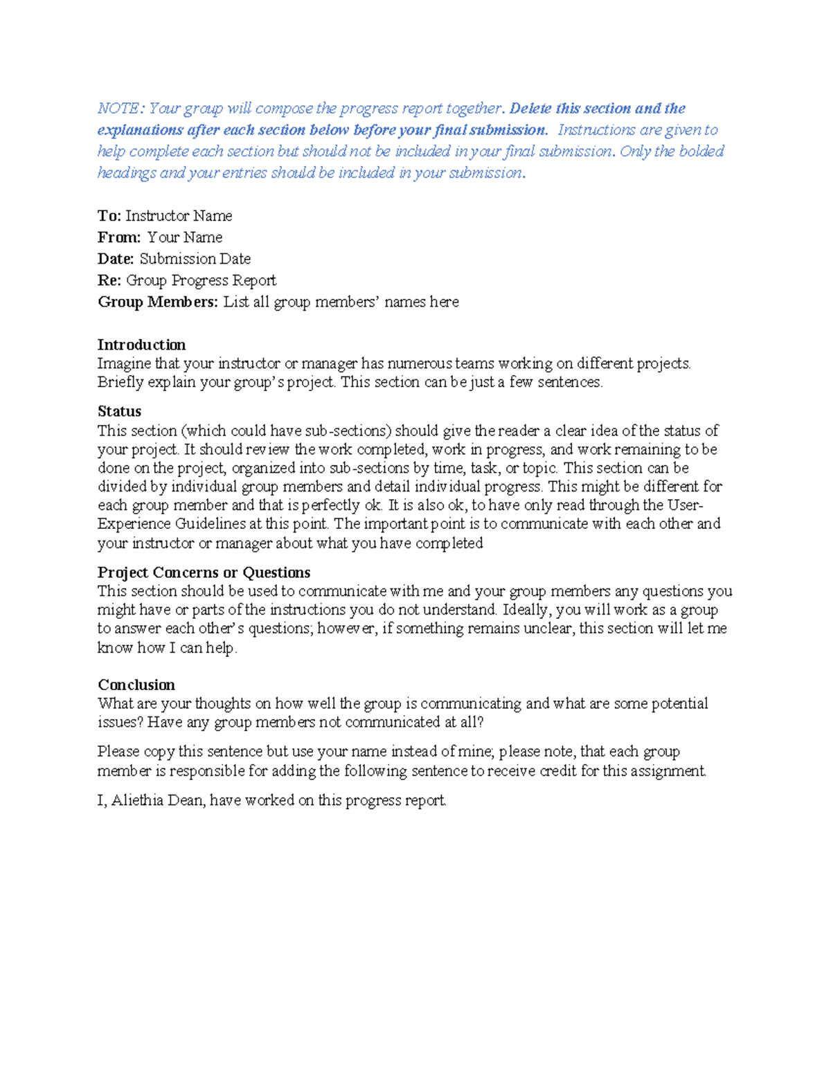 Group Progress Report Instructions and Template - NOTE: Your group will ...