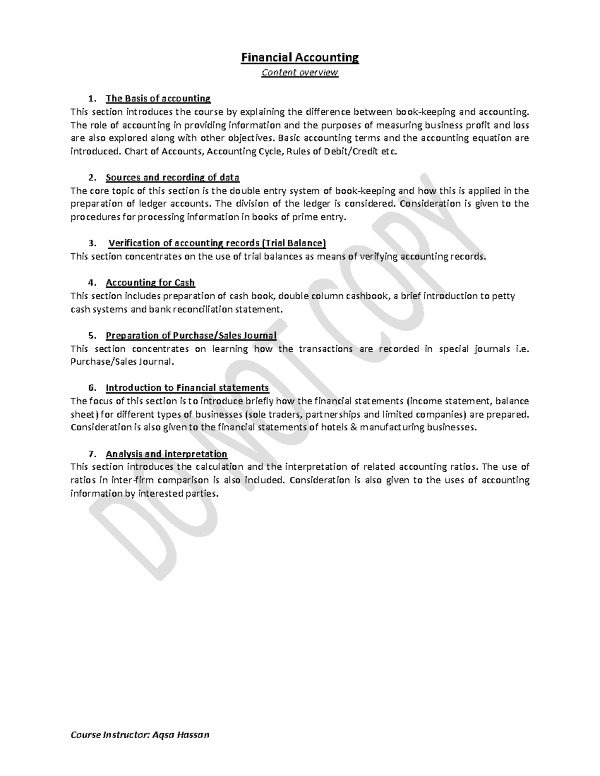 Financial Accounting - Course Content - Course Instructor: Aqsa Hassan ...