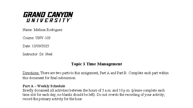 GCU Time Management Assignment: Weekly Schedule & Summary - Studocu