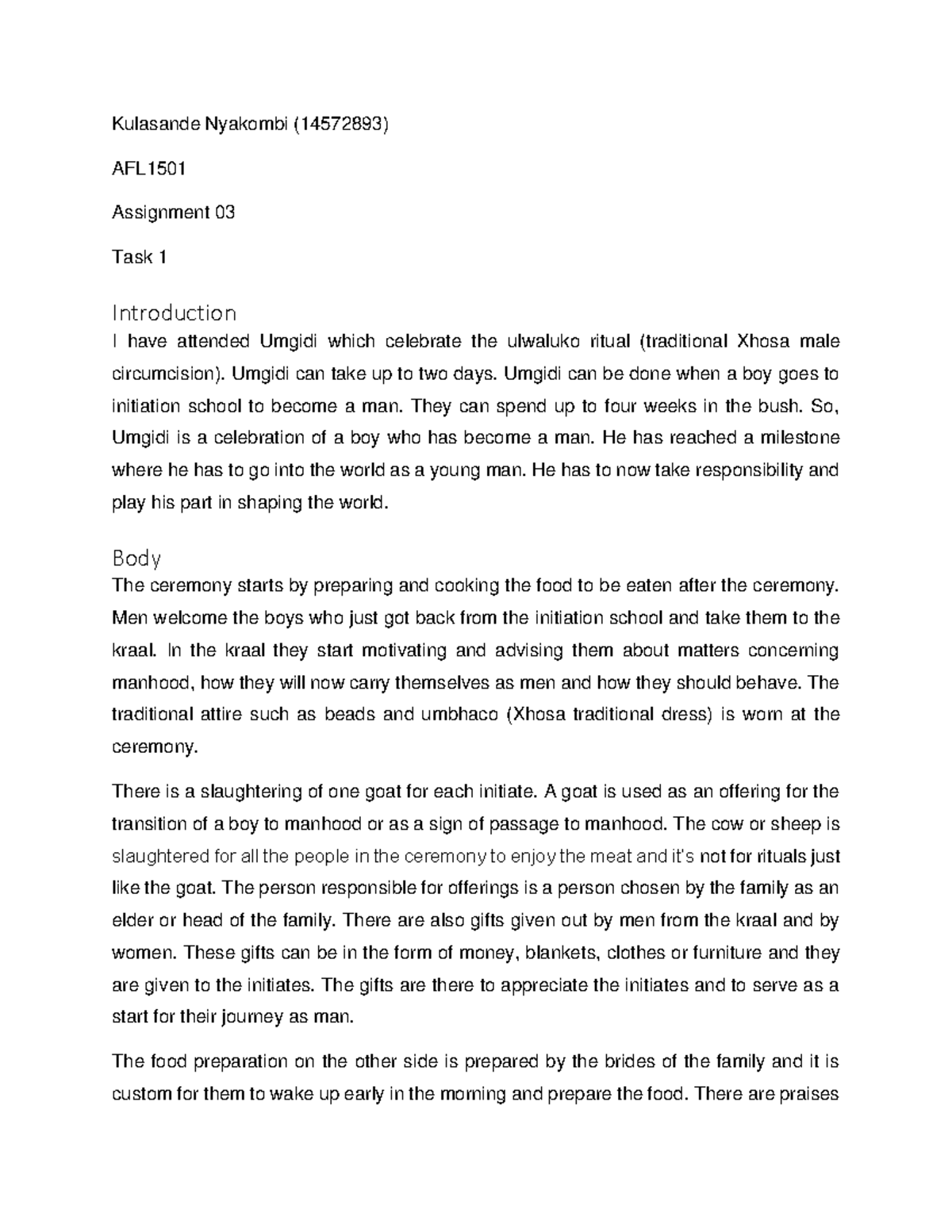 AFL1501 Assignment 03: Insights on the Umgidi Ritual in Xhosa Culture ...