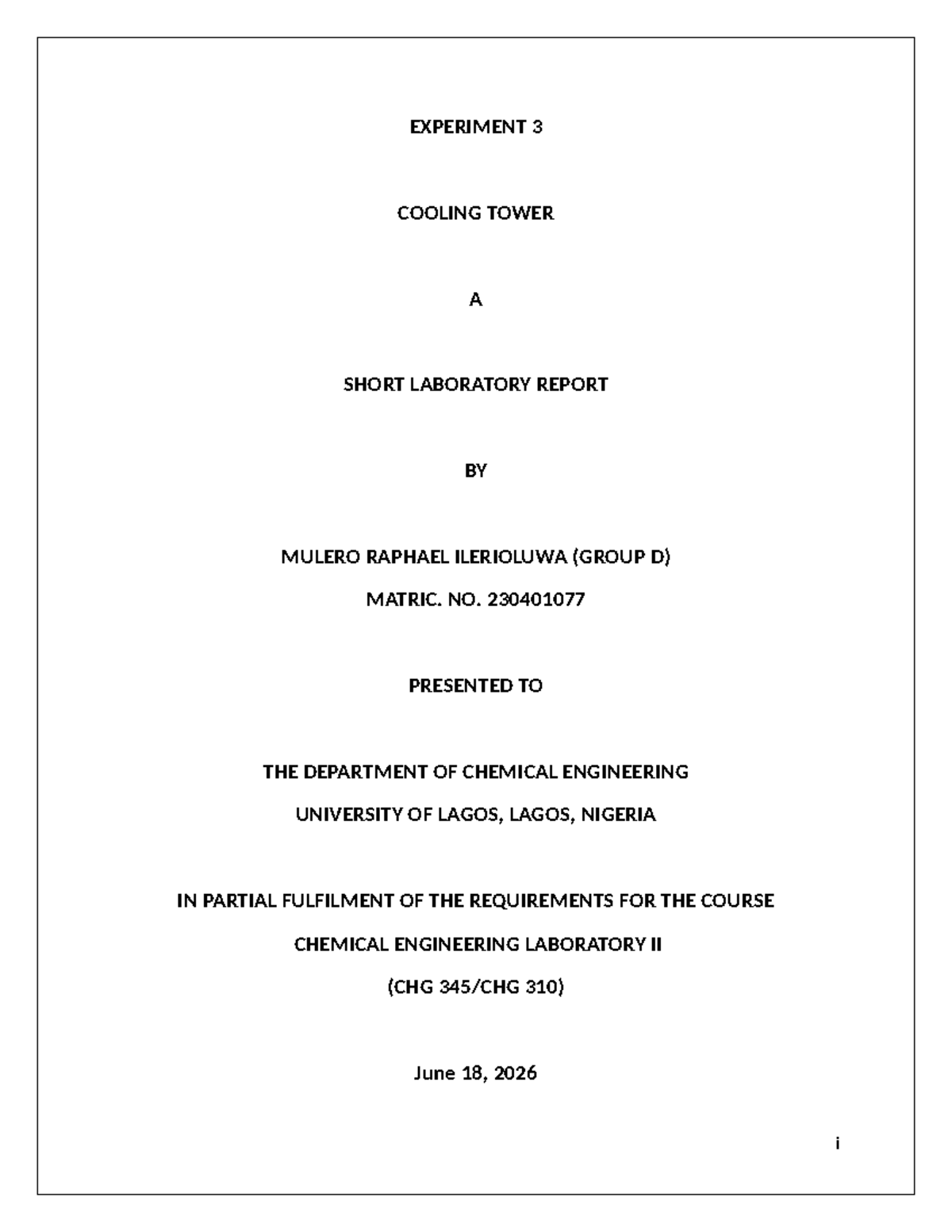Cooling Tower Performance Analysis: Lab Report for CHG 310 - Studocu