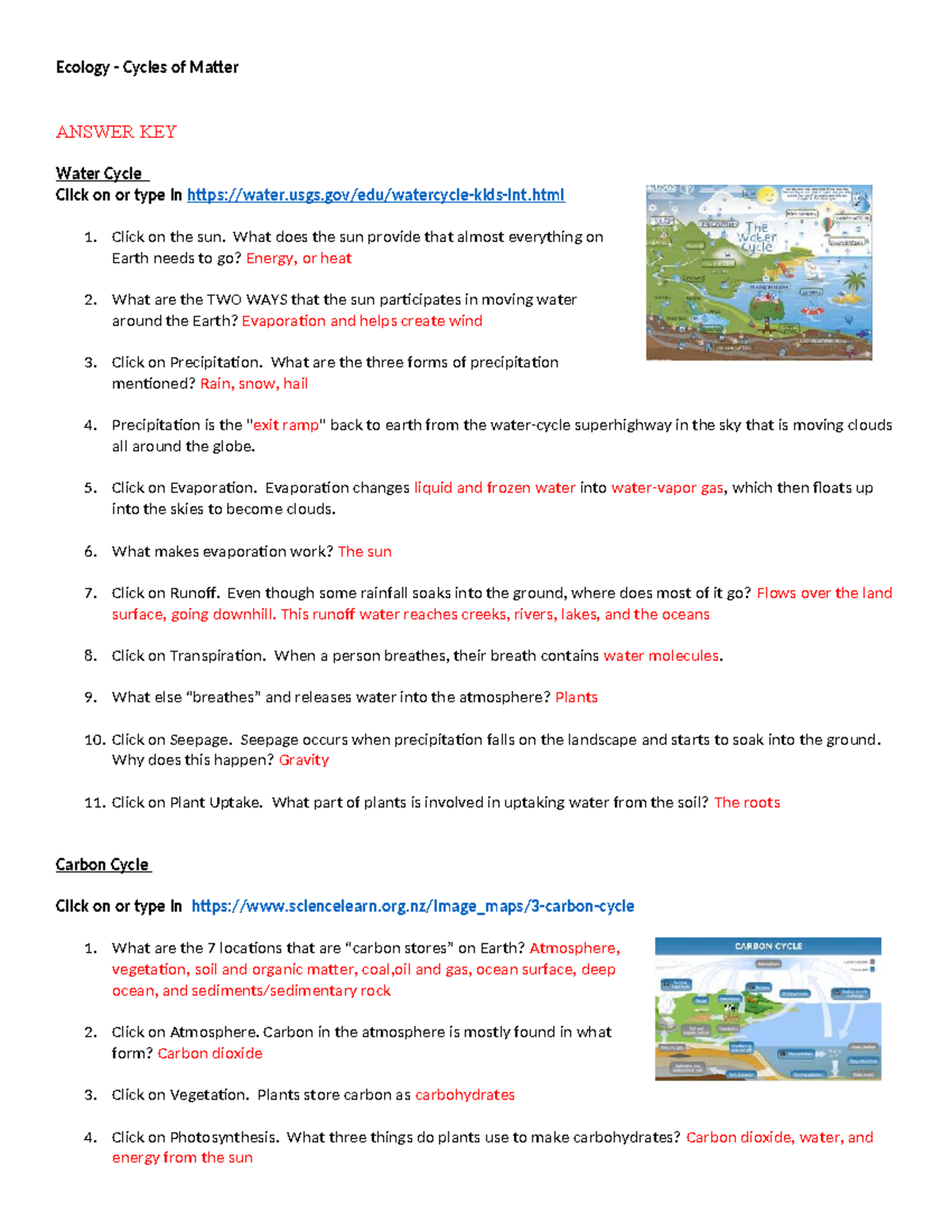 Ecology (BIO101) Cycles of Matter Webquest Answer Key - Studocu