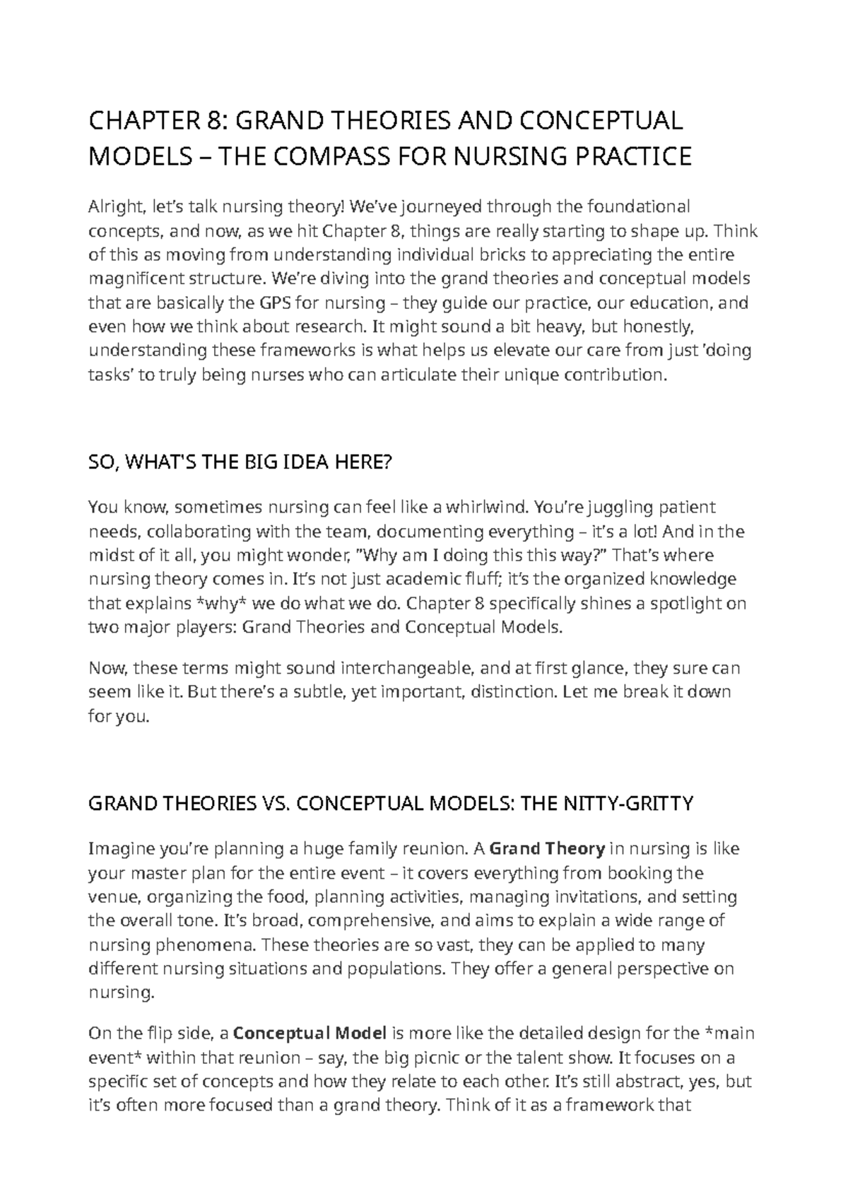 CHAPTER 8: GRAND THEORIES & CONCEPTUAL MODELS IN NURSING - Studocu