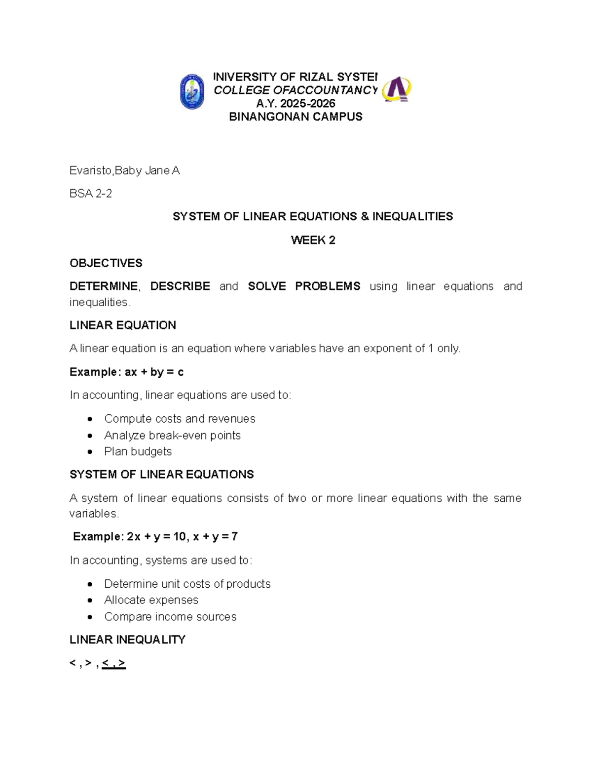 BSA 2nd Week Linear Equations & Inequalities Study Guide - Studocu