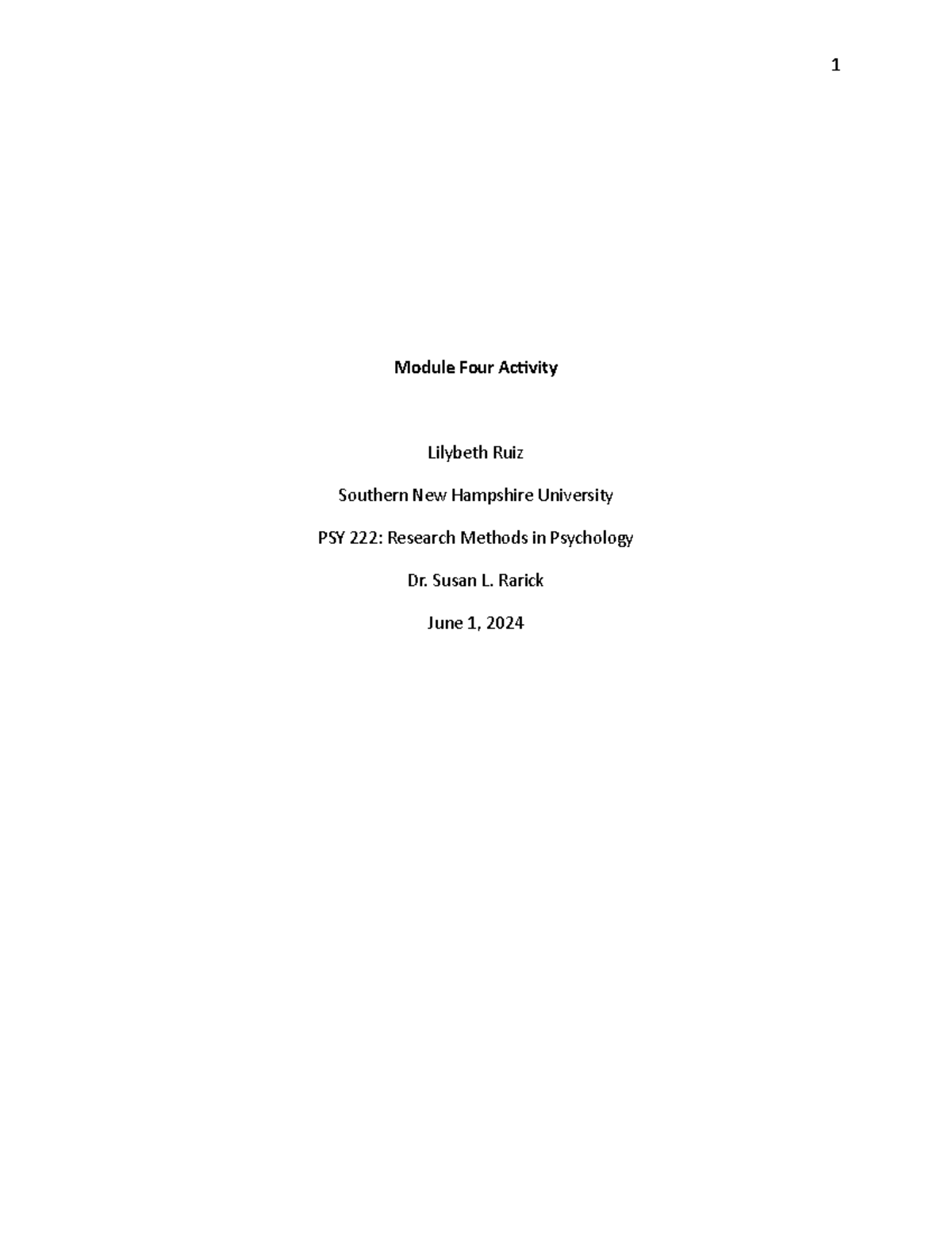 PSY222 Module 4 Activity - Module Four Ac,vity Lilybeth Ruiz Southern New Hampshire University ...