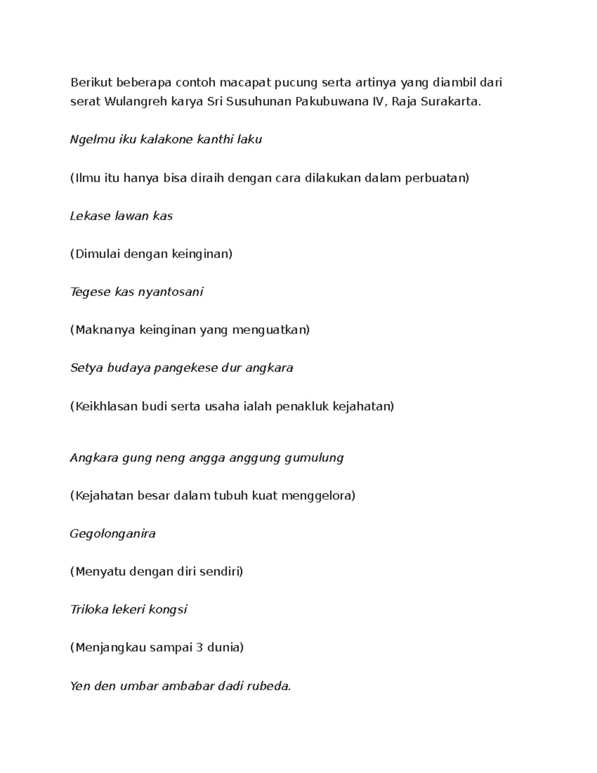 Contoh Tembang Pucung Macapat dari Serat Wulangreh Pakubuwana IV - Studocu
