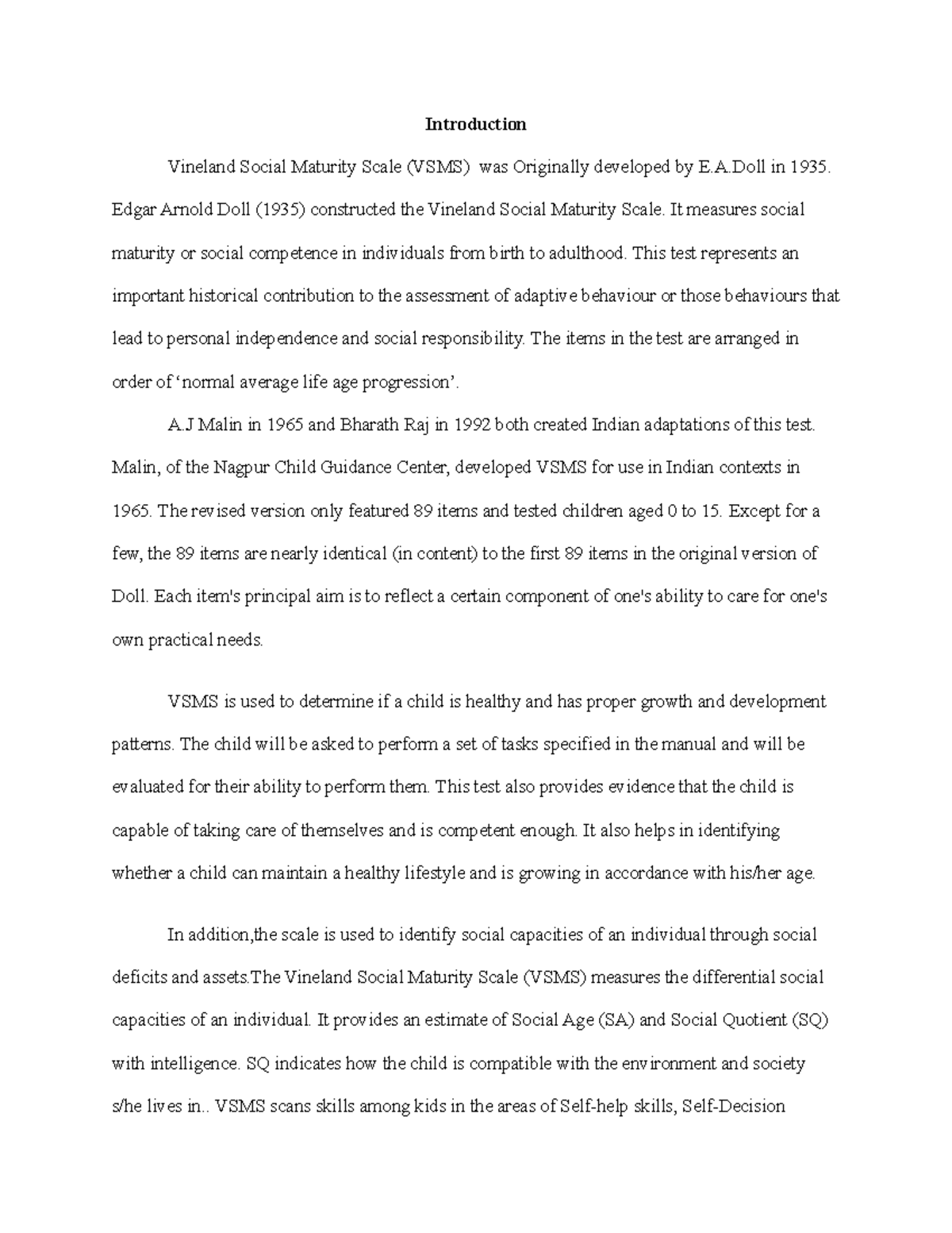 VSMS - Vineland Social Maturity Scale Administration and Analysis - Studocu