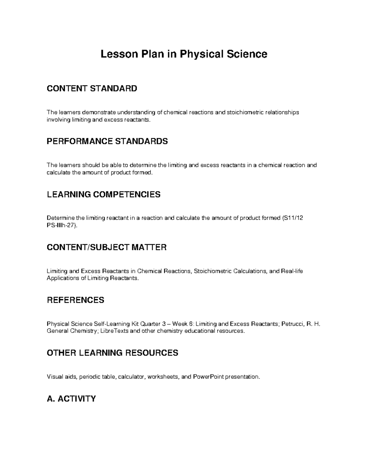 Lesson Plan: Limiting & Excess Reactants in Physical Science - Studocu