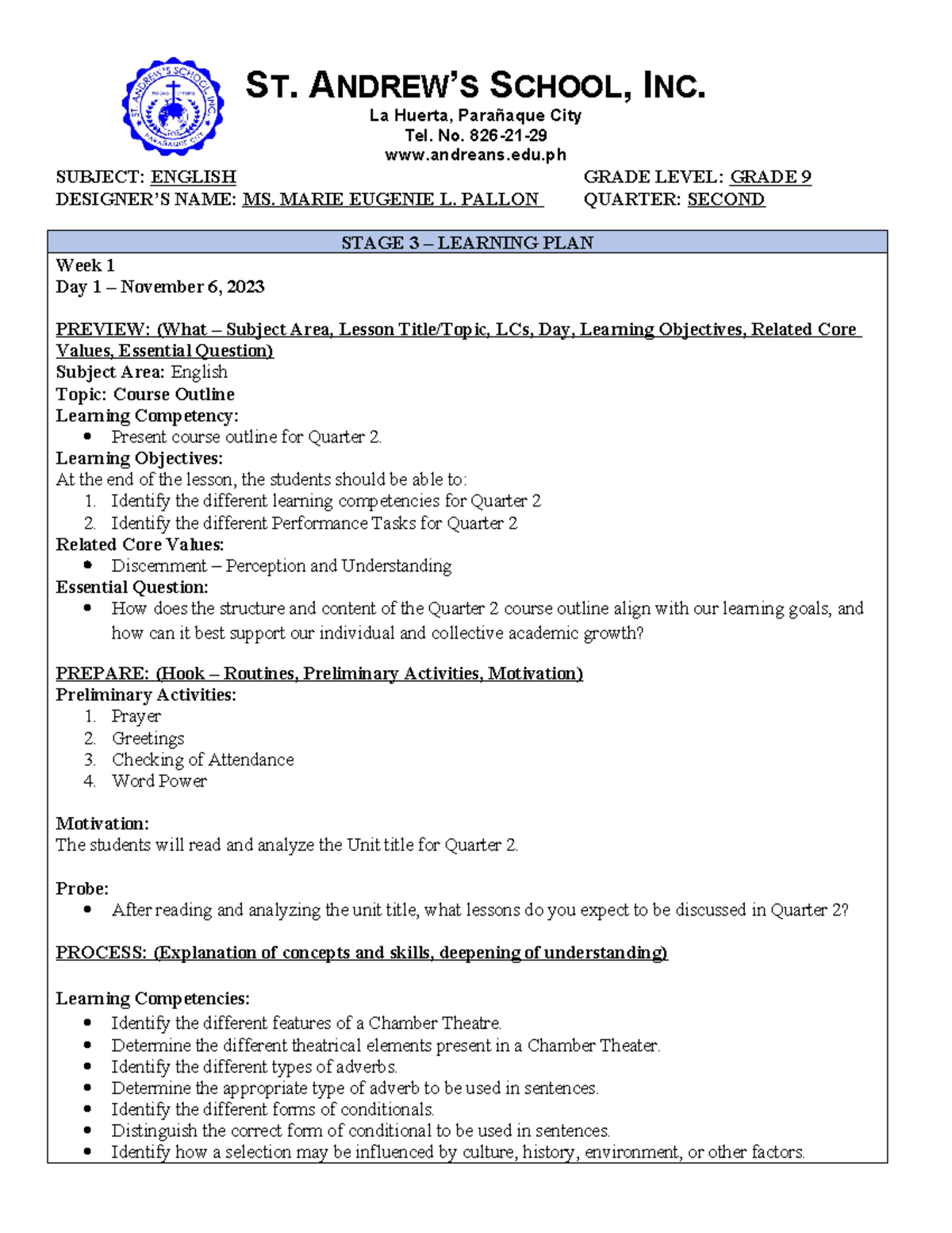 Q2W1 English Lesson Plan: Focus on Chamber Theatre Elements - Studocu