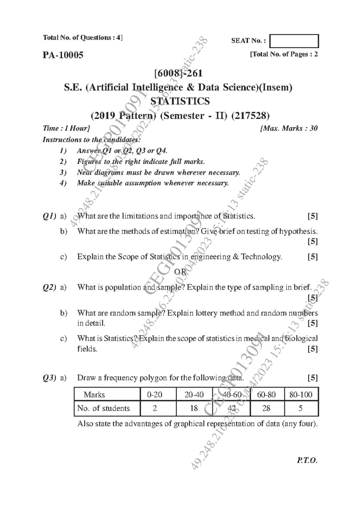 SPPU SE AI & DS Insem Statistics Exam Qs (Sem II) - Feb 2023 - Studocu
