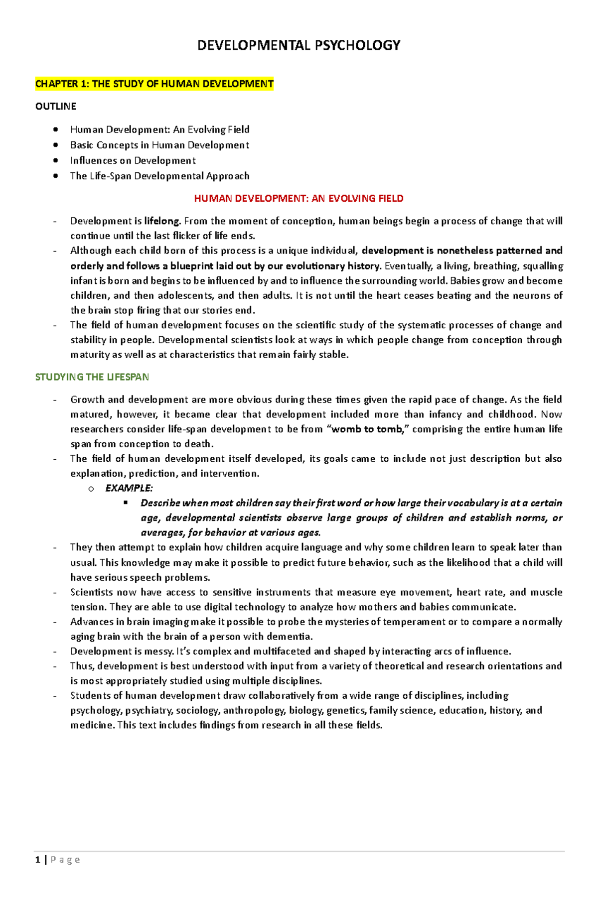 DEVELOPMENTAL PSYCHOLOGY CHAPTER 1: HUMAN DEVELOPMENT OUTLINE - Studocu