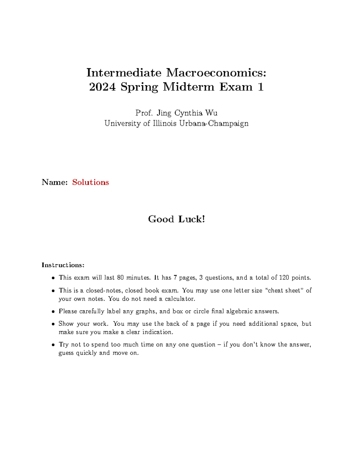 Intermediate Macroeconomics (Econ 202) 2024 Spring Midterm Exam 1 ...