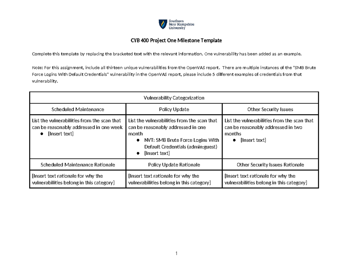 CYB 400 Project One Milestone Template: Vulnerability Assessment Guide ...