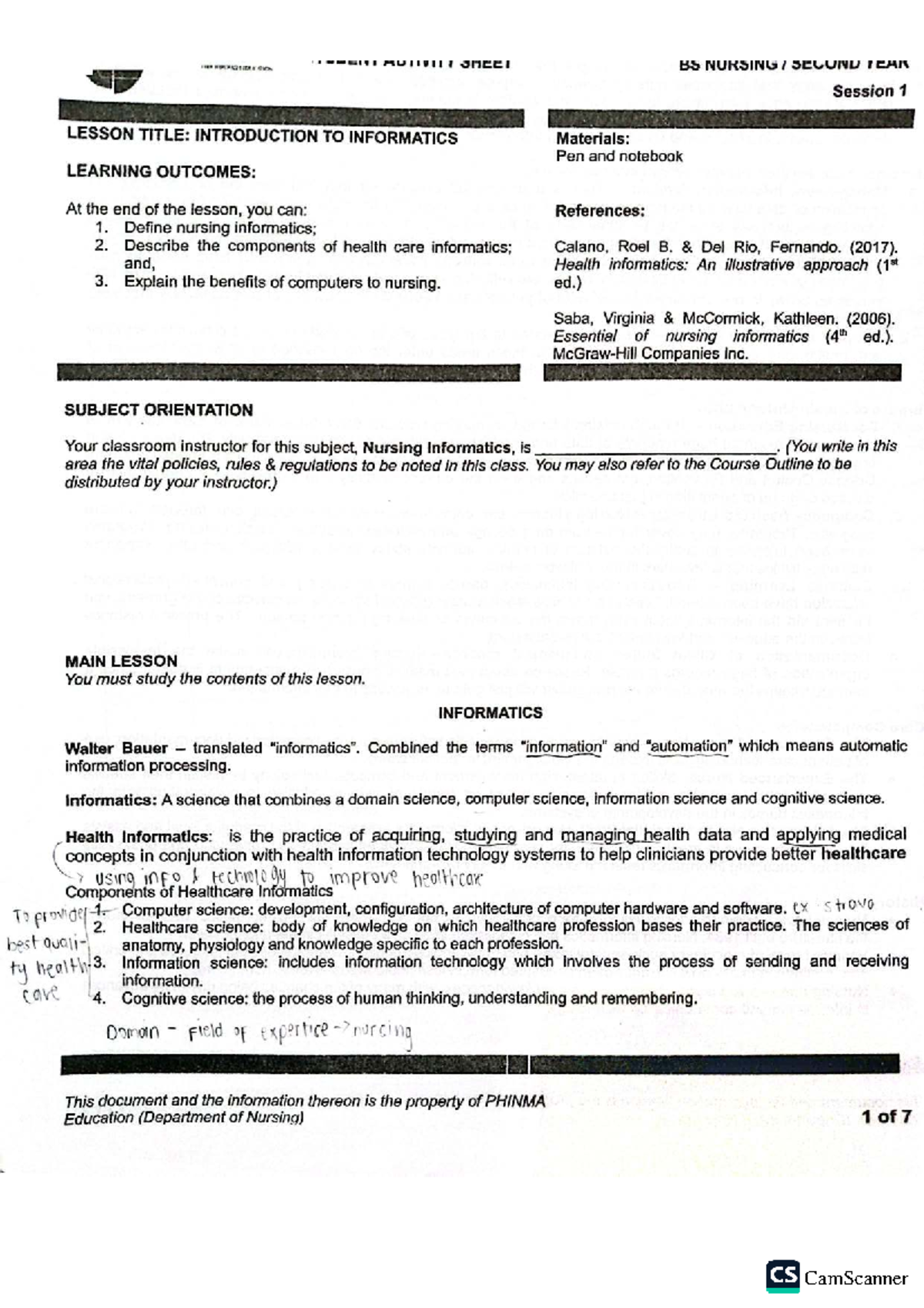 SAEET BS NURSING SECOND EAR Session 1: Intro to Nursing Informatics ...