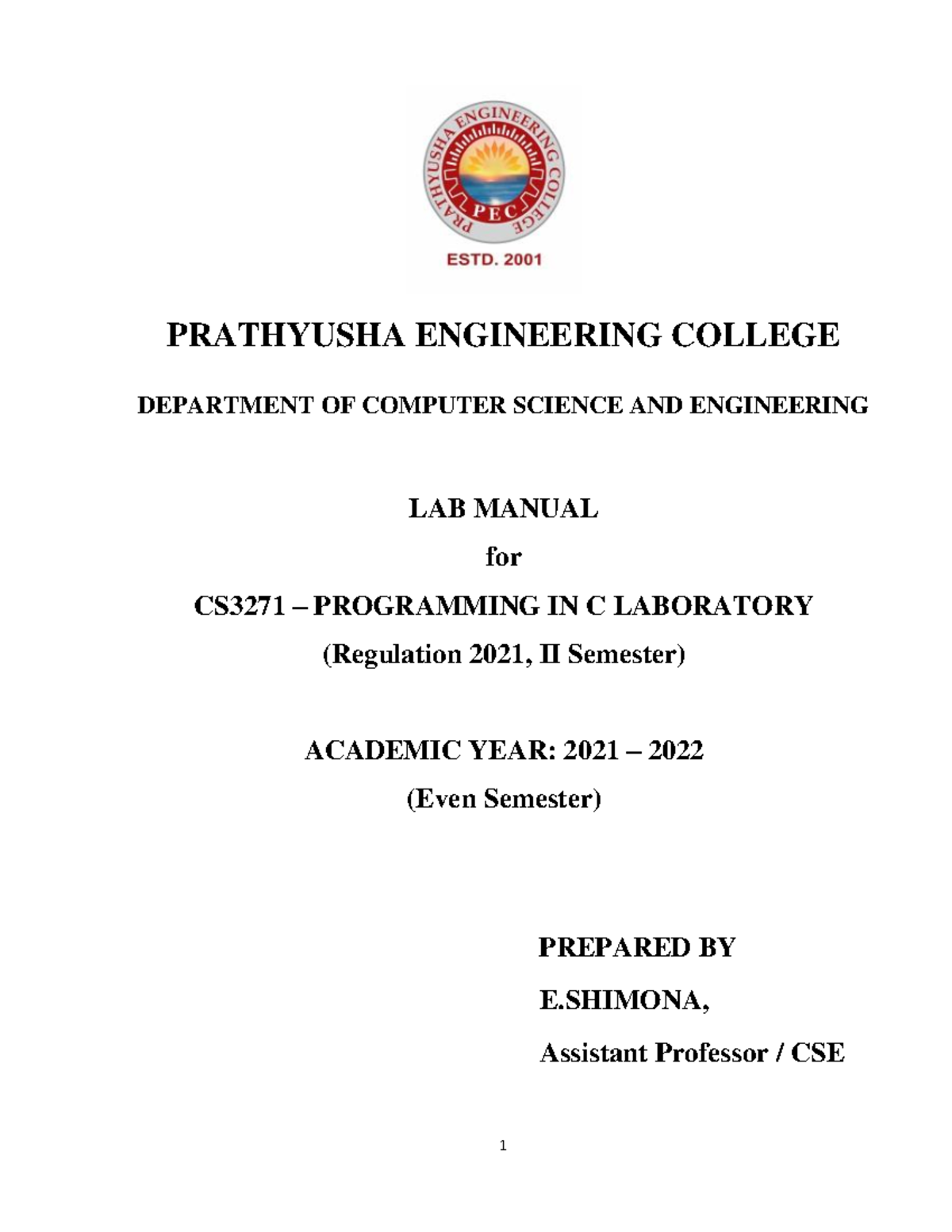 CS 3271 - Programming in C Lab Manual: Experiments & Guidelines - Studocu
