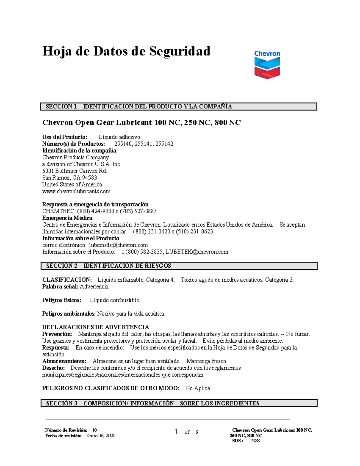 Hoja de Seguridad de Chevron Open Gear Lubricant 100 NC, 250 NC, 800 NC ...
