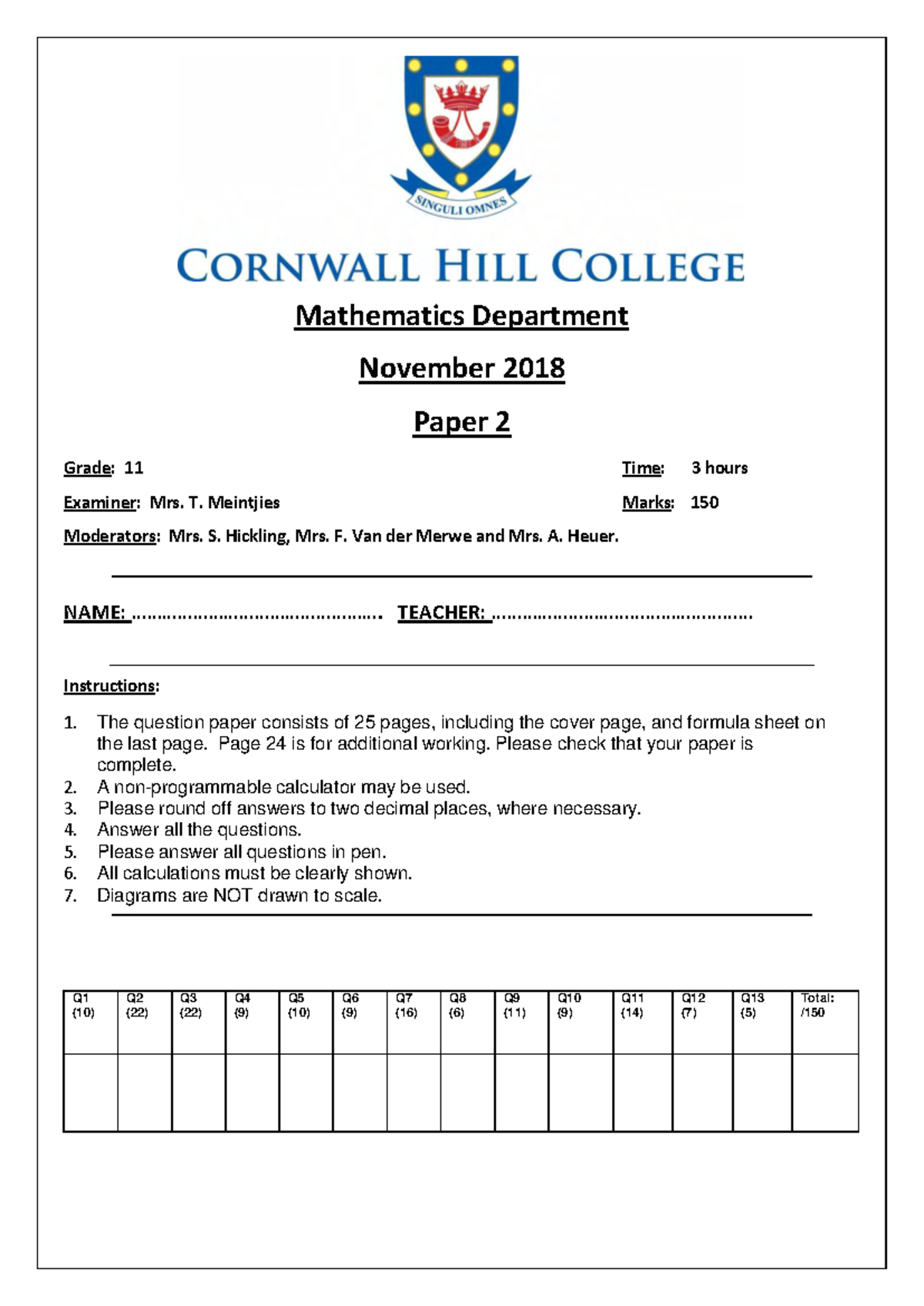 Grade 11 Mathematics November 2018 Paper 2 Exam Guide - Studocu