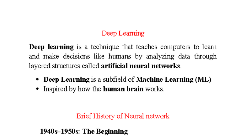 Deep Learning Overview and Neural Networks History - Unit I - Studocu