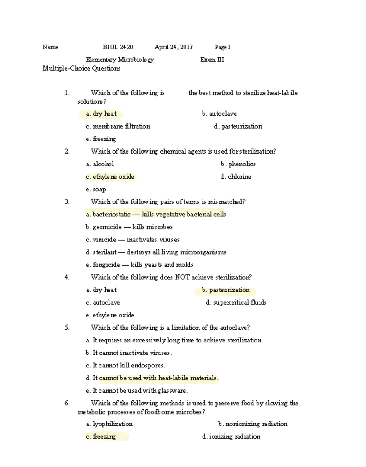 BIOL 2420 Exam III Answer Key: Practice Questions & Solutions - Studocu